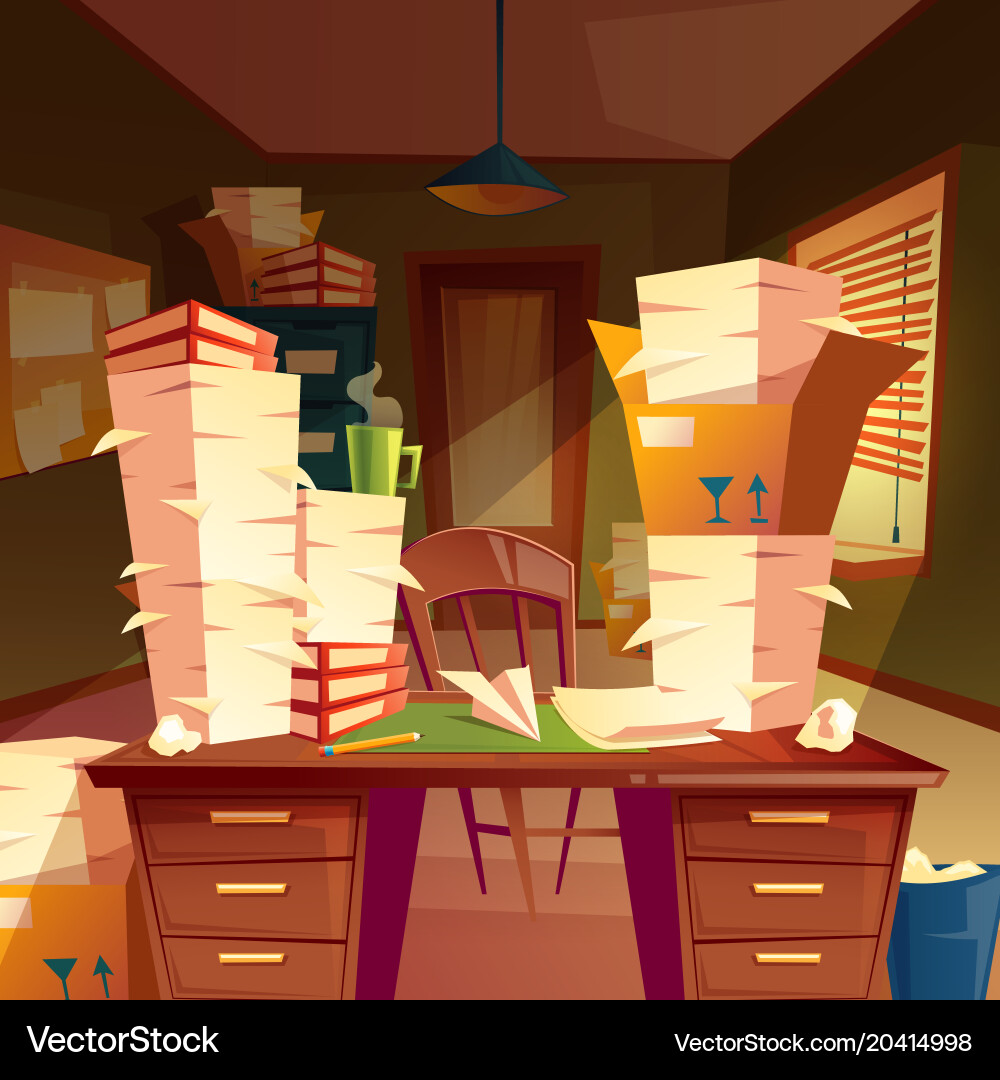 Empty office with piles of paper paperwork Vector Image