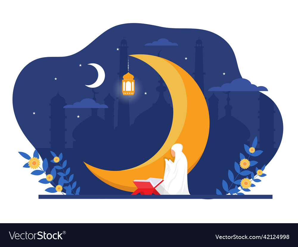 Ramadan Night With Muslim Woman Reading Al Quran Vector Image