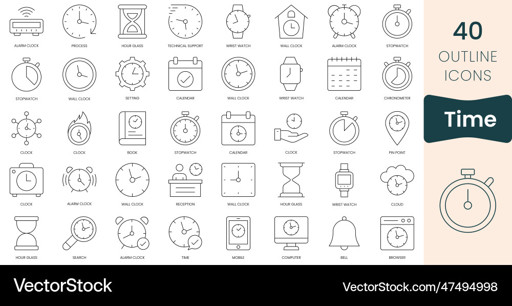Set of time icons thin outline pack Royalty Free Vector