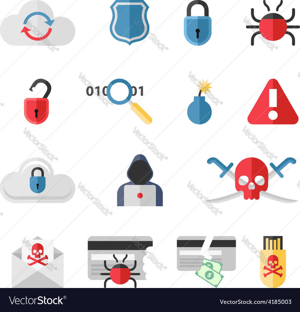 Hacker flat icons set with bug virus crack worm Vector Image