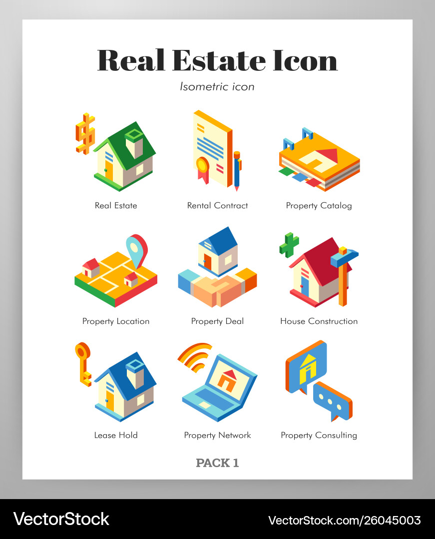 Real estate icons isometric pack Royalty Free Vector Image