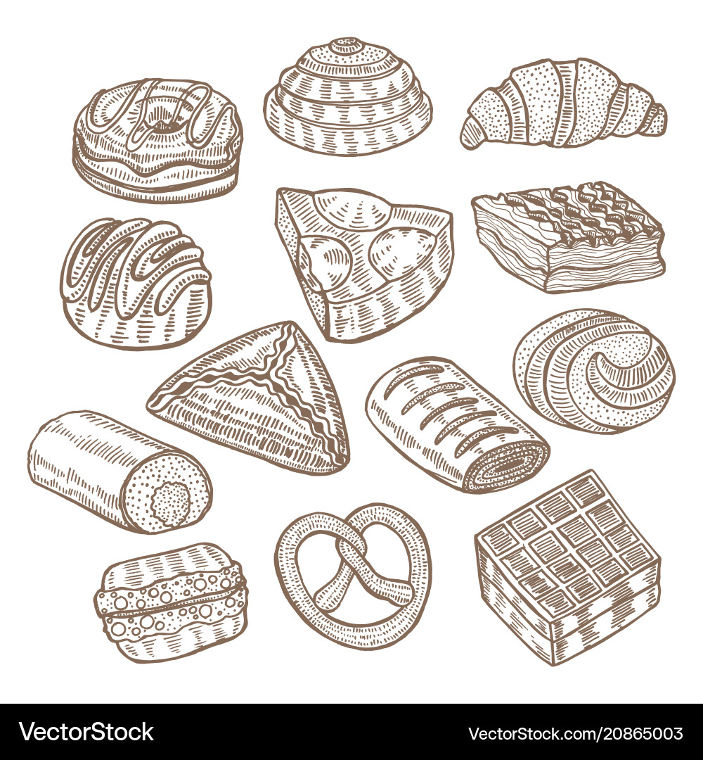 Set cakes and pastries in hand drawn doodle Vector Image