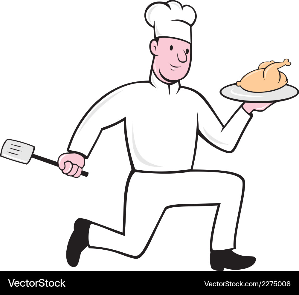 Chef with chicken spatula running cartoon Vector Image