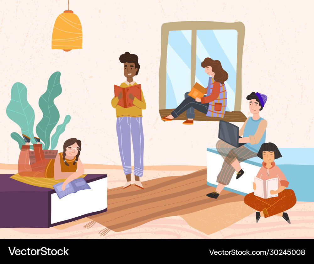 Group diverse friends relaxing with books Vector Image