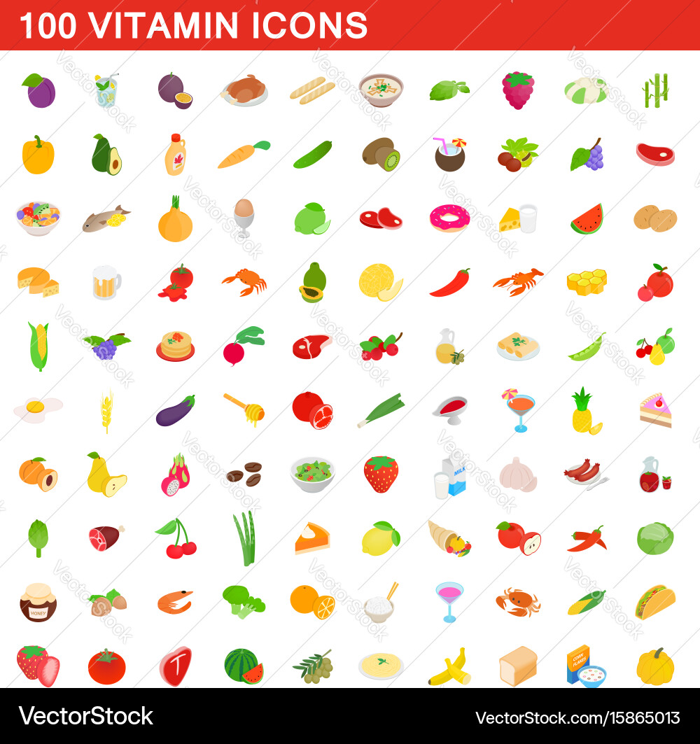 100 vitamin icons set isometric 3d style Vector Image
