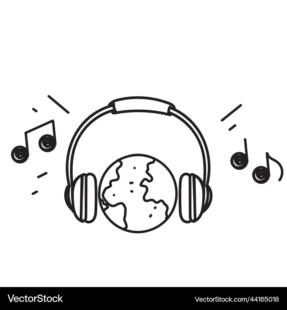 Hand drawn doodle globe wearing headset listening Vector Image