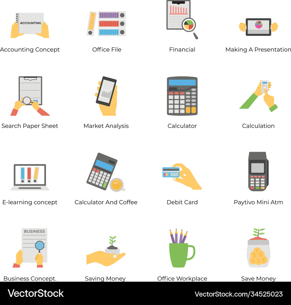 Pack tax calculation flat icons Royalty Free Vector Image