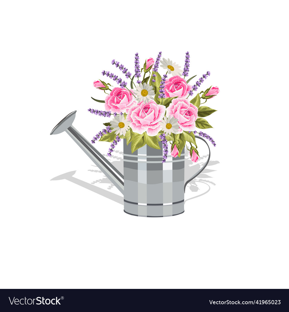 Watering can with a bouquet of flowers Royalty Free Vector