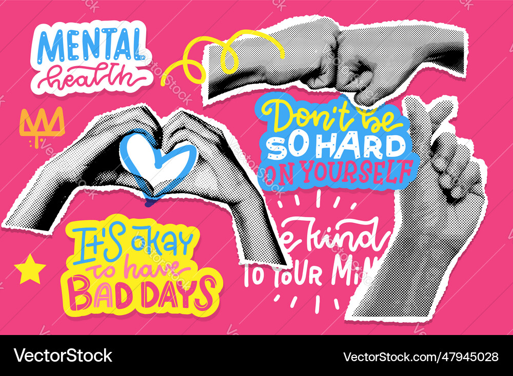 Halftone paper torn out stickers set with hands Vector Image
