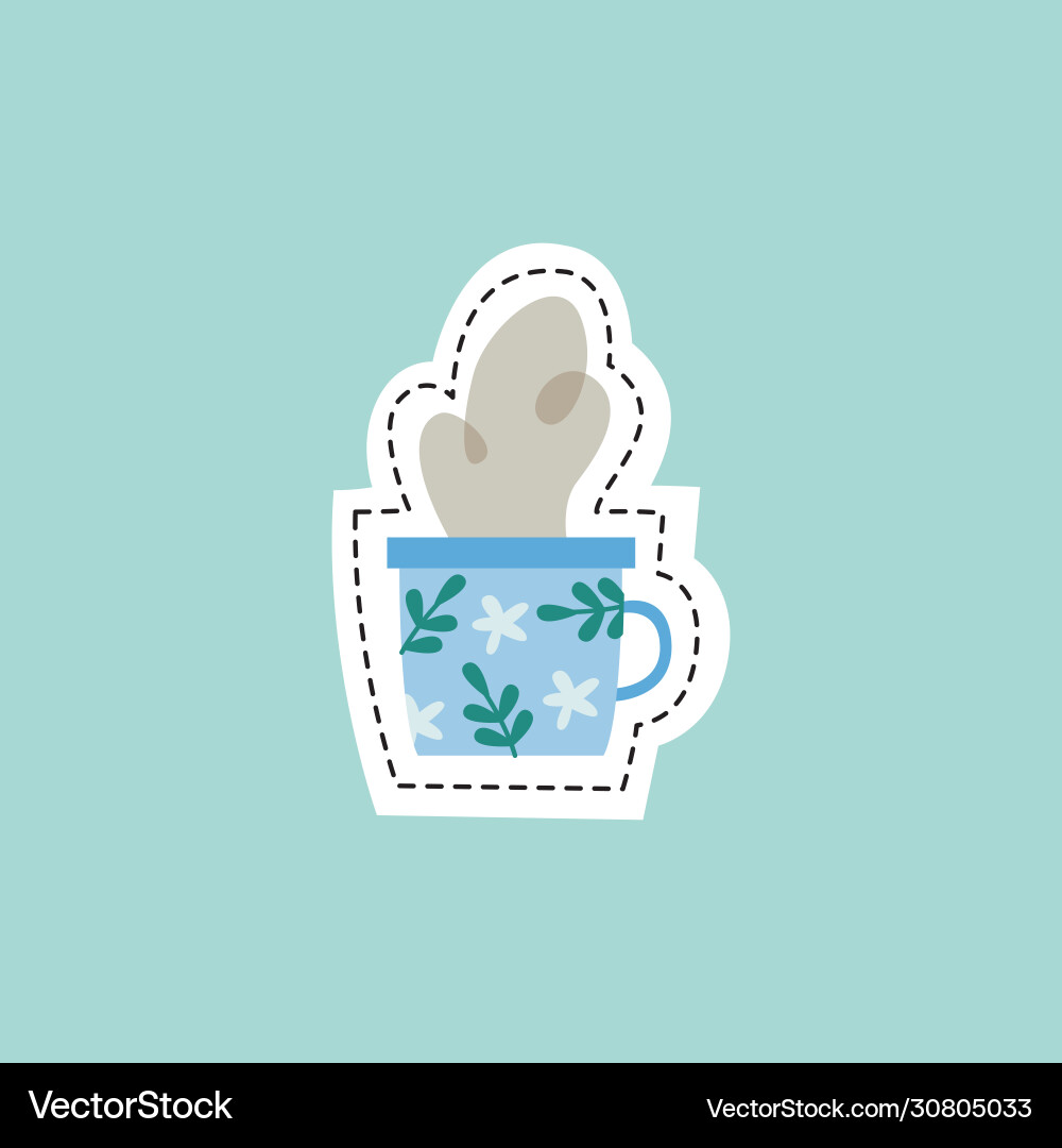 Cute tea cup sticker - blue hot drink mug Vector Image