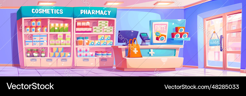 Pharmacy interior with medicines on shelves Vector Image