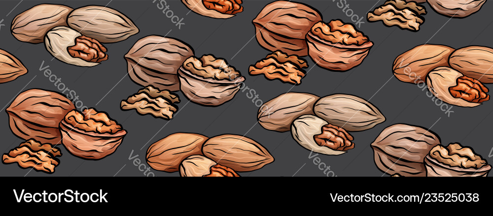 Seamless texture with colored cartoon nuts on gray