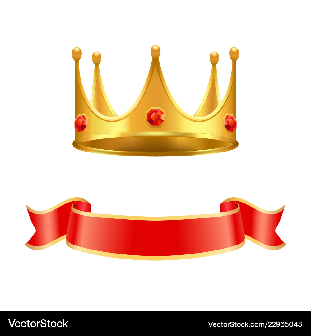 Golden crown with ruby gem and silk curl ribbon Vector Image