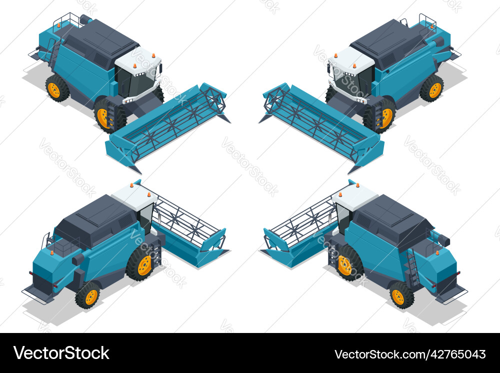 Isometric blue combine harvester isolated on white