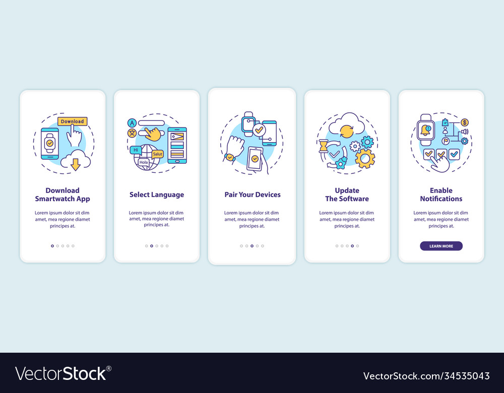 Smart watch setup tips onboarding mobile app page Vector Image