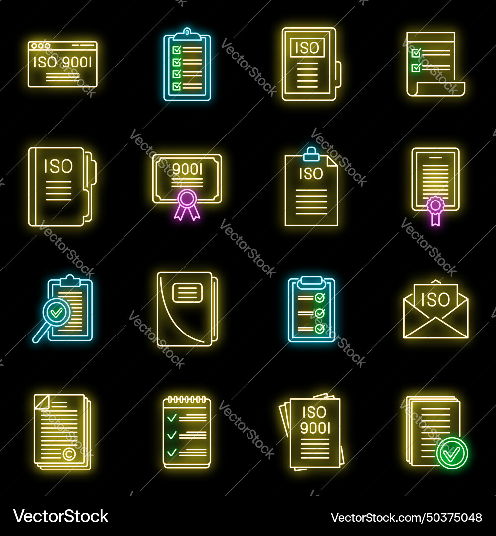 Certified standard icons set neon Royalty Free Vector Image