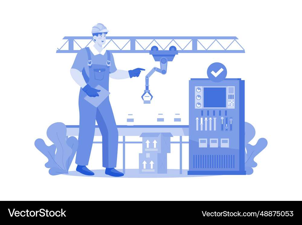 Engineer checking packaging automation process Vector Image