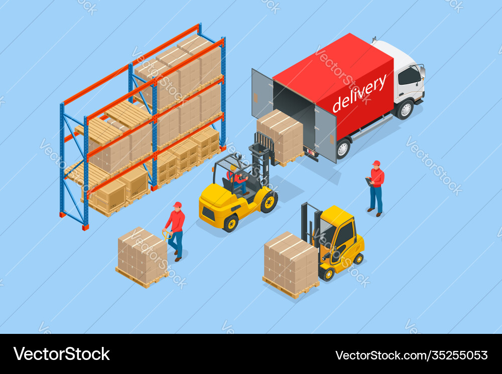 Isometric large modern warehouse with forklifts Vector Image