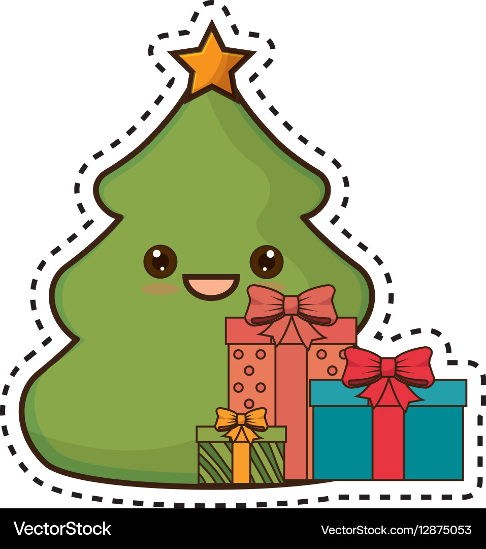 Merry christmas tree kawaii style Royalty Free Vector Image