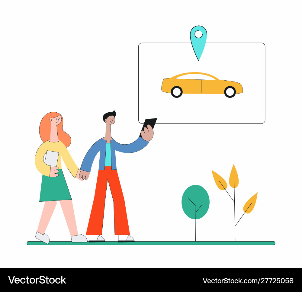 Cartoon people using carsharing app and walking to