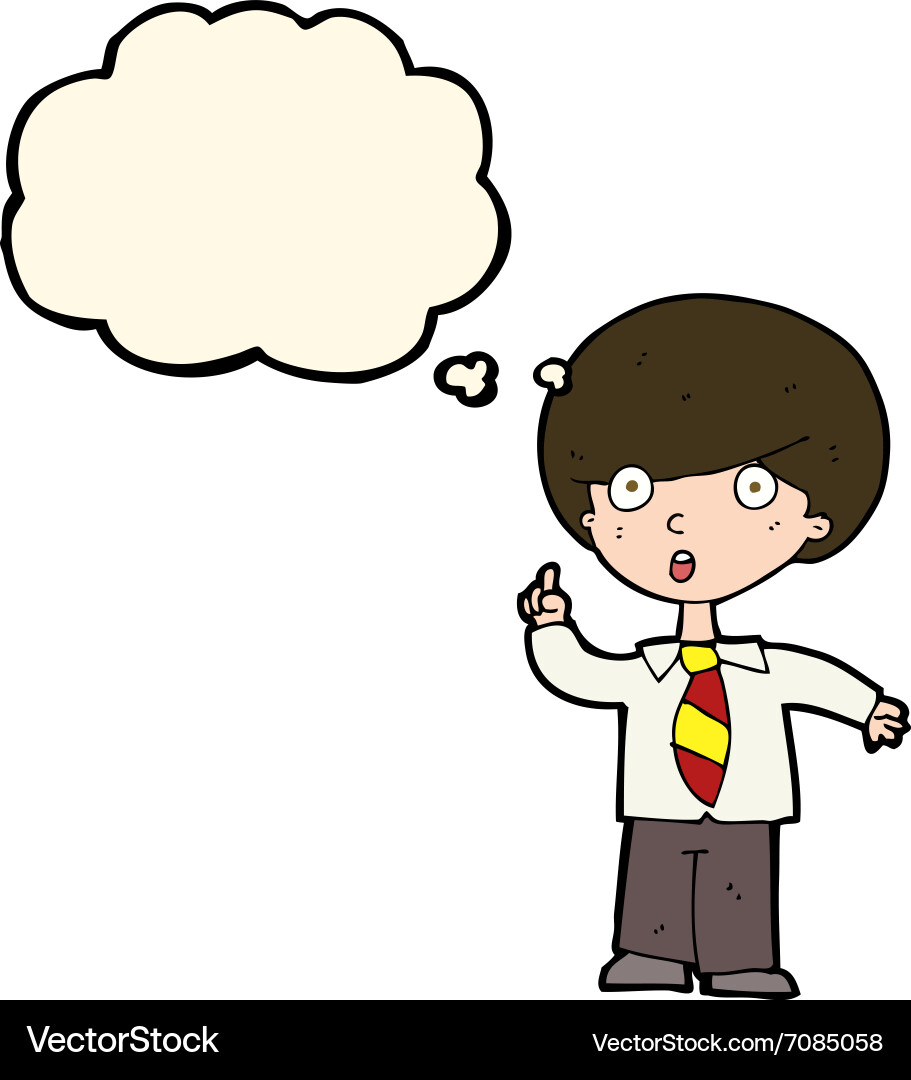 Cartoon school boy answering question with thought