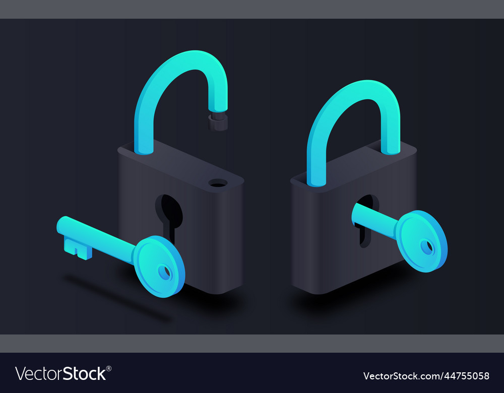 Isometric lock and key Royalty Free Vector Image