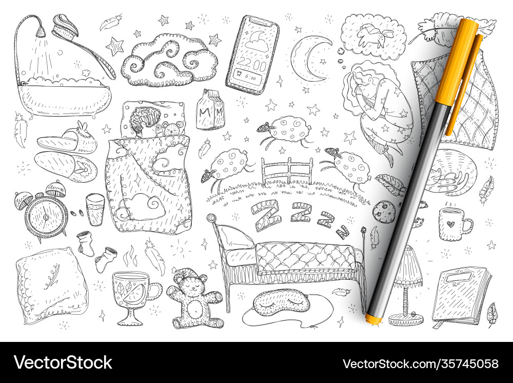 Morning and sleeping rituals doodle set Royalty Free Vector