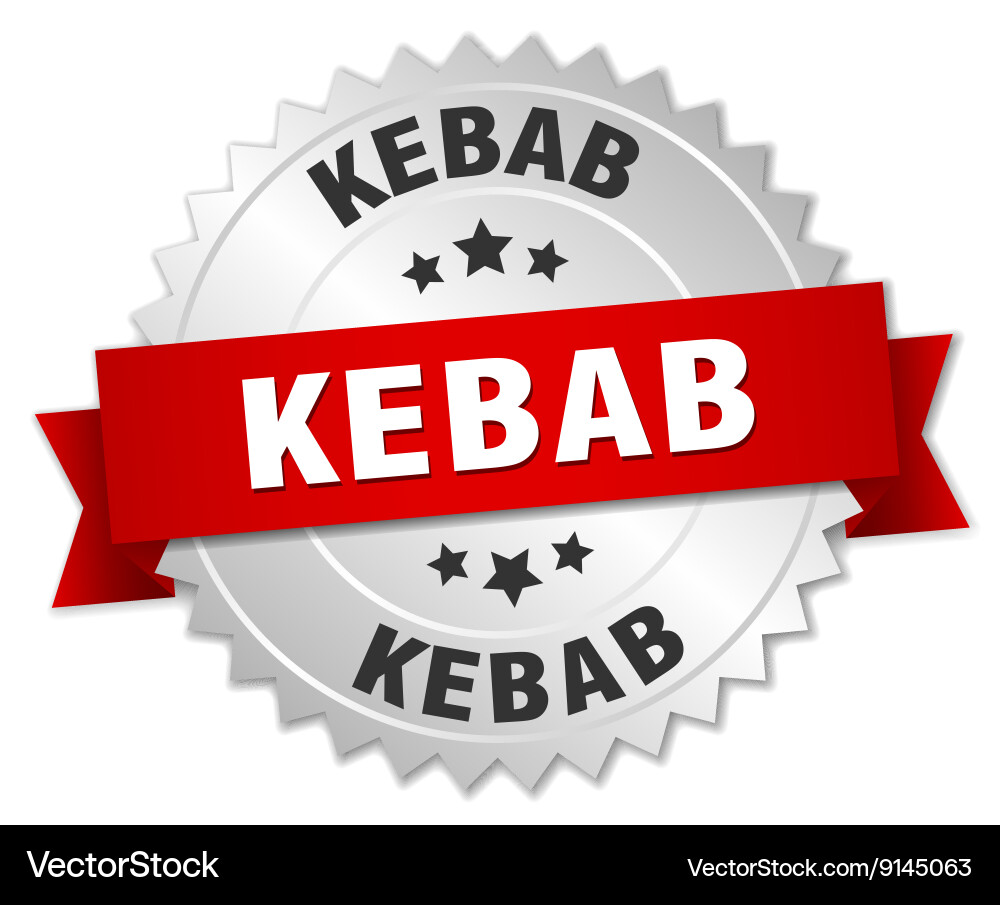 Kebab 3d silver badge with red ribbon Royalty Free Vector