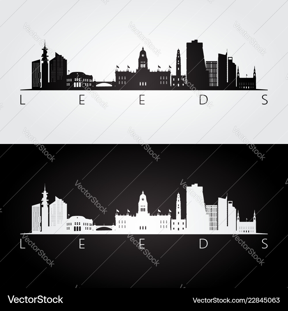 Leeds skyline and landmarks silhouette Royalty Free Vector