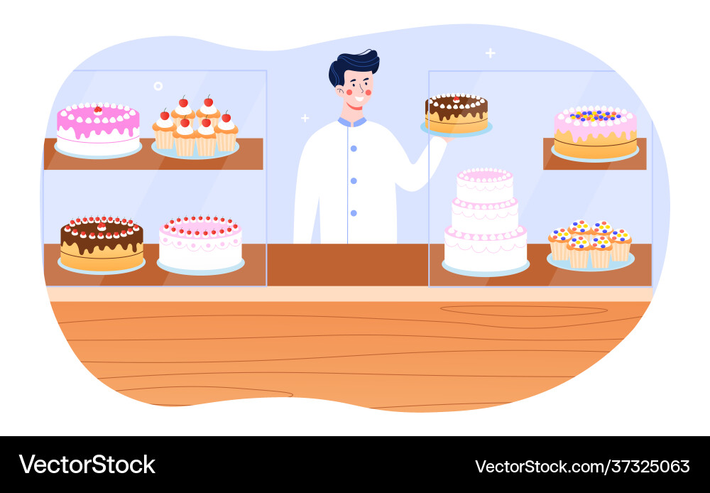 Shop assistant working and selling fresh cakes Vector Image