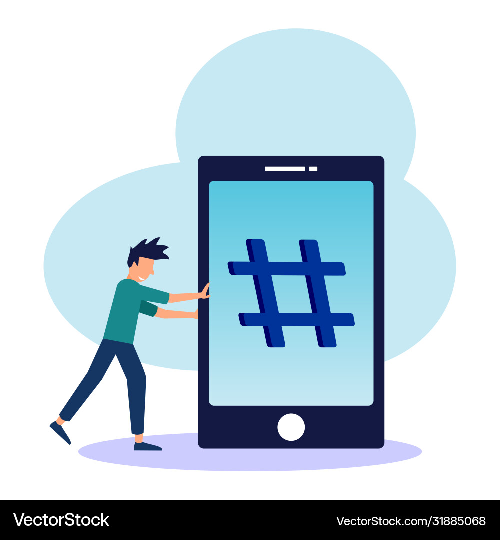 Cellphone with hashtag sign young man pushing Vector Image