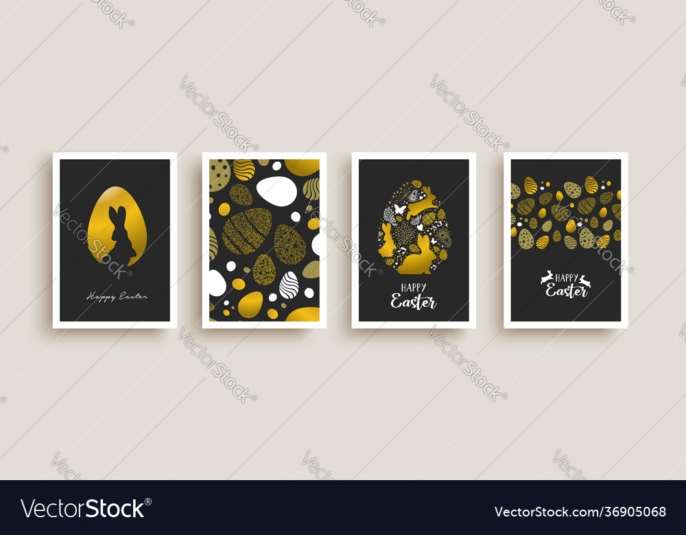Happy easter gold glitter egg bunny card set Vector Image