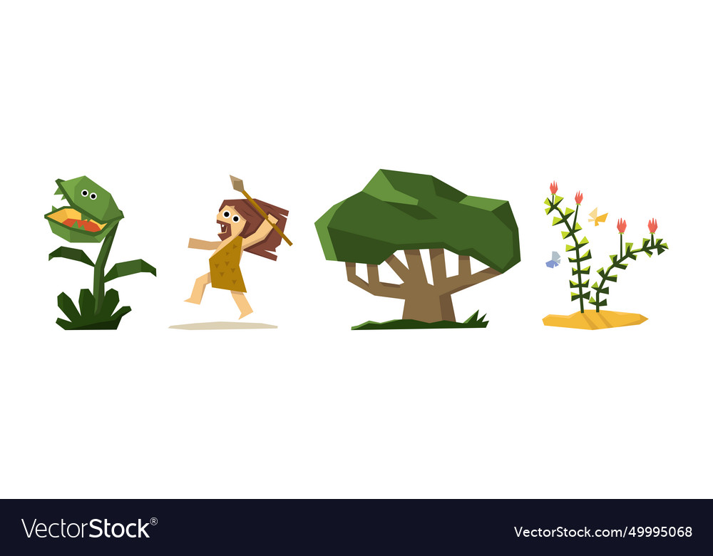 Prehistoric Stone Age Man Character And Plant Vector Image