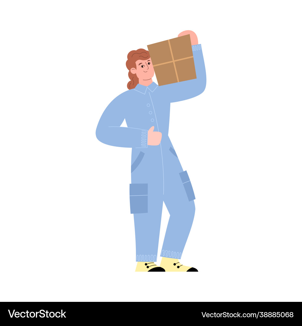 Warehouse worker carries cardboard box on his Vector Image