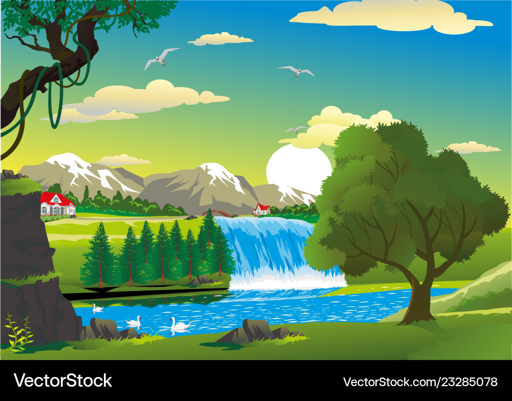 Countryside - house waterfall Royalty Free Vector Image
