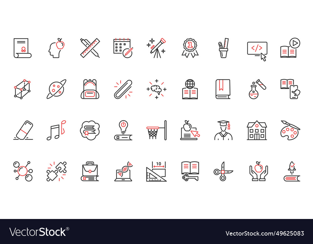 Education trendy red black thin line icons set Vector Image