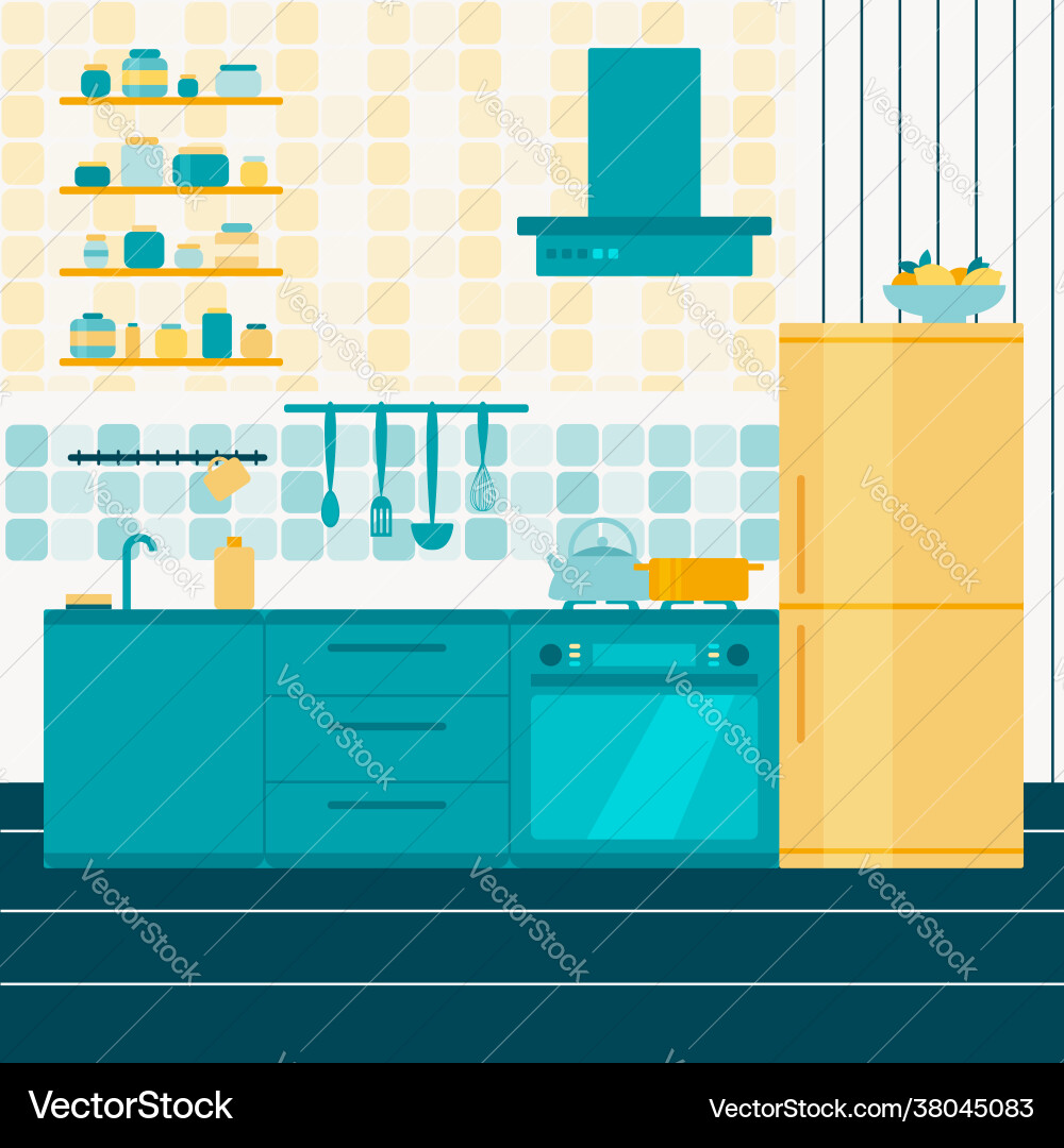 Kitchen interior with furniture flat style Vector Image