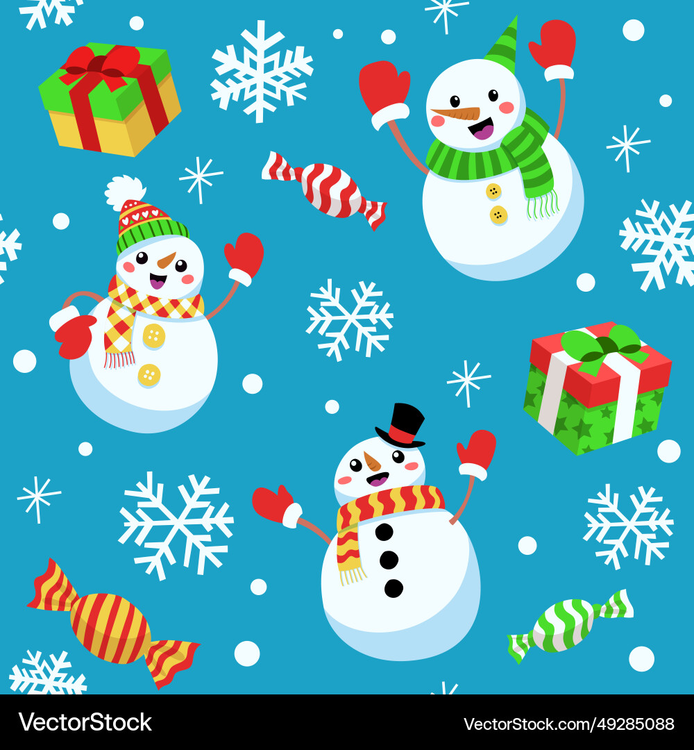 Cute snowman seamless pattern with snowflakes Vector Image