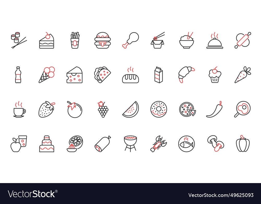 Food and drink red black thin line icons set meal Vector Image
