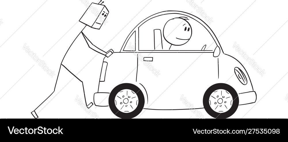 Cartoon humanoid robot pushing broken or out Vector Image