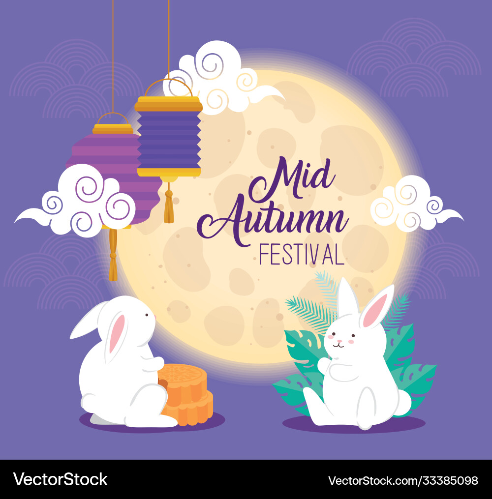 Moon and rabbits with mooncakes lanterns Vector Image