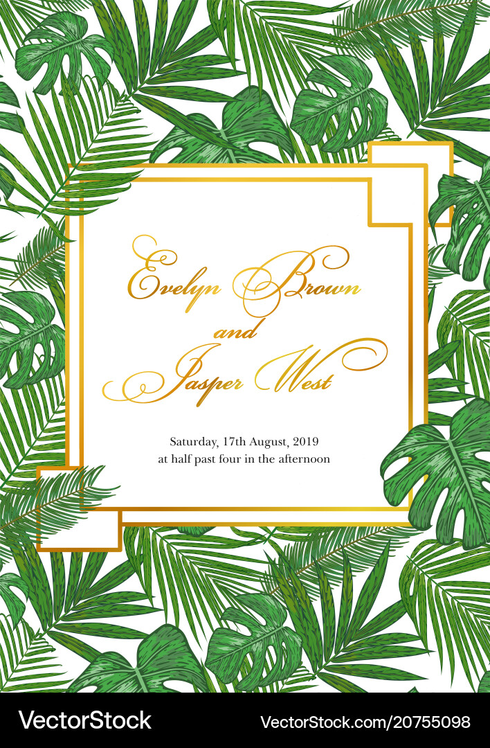Wedding invitation in a gold frame against backg Vector Image