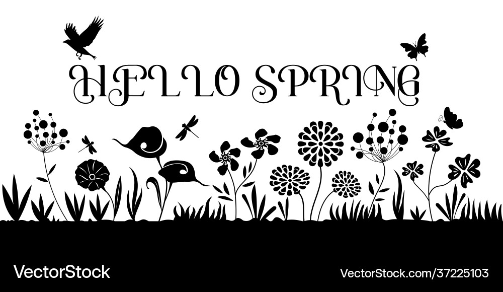 Hello spring sign with flower and flying bird Vector Image