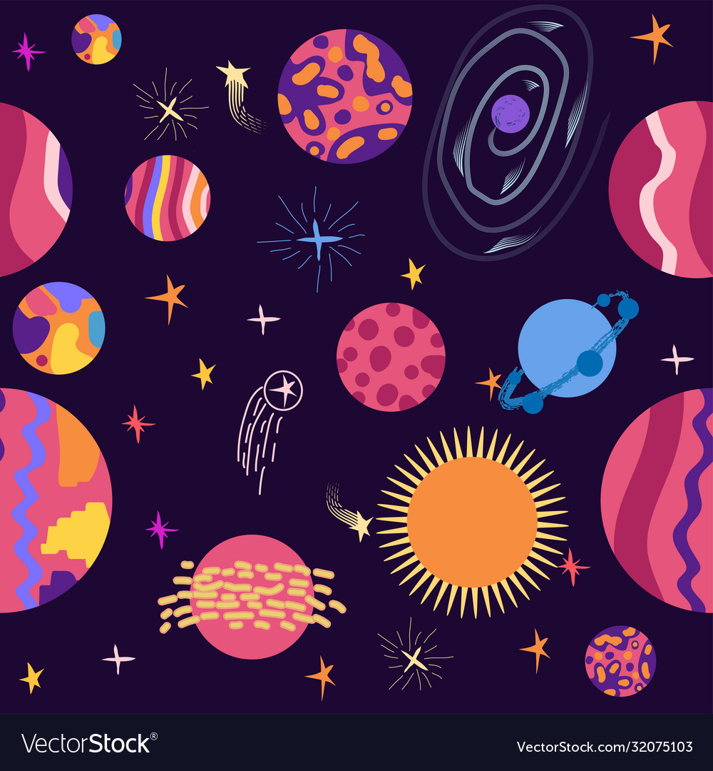 Seamless space pattern planets rockets and stars Vector Image