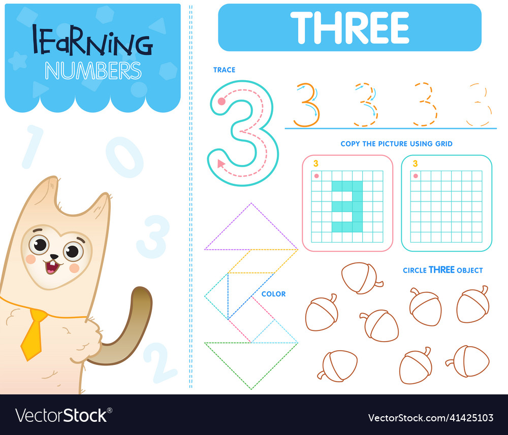Worksheet for learning numbers number 3 kids Vector Image