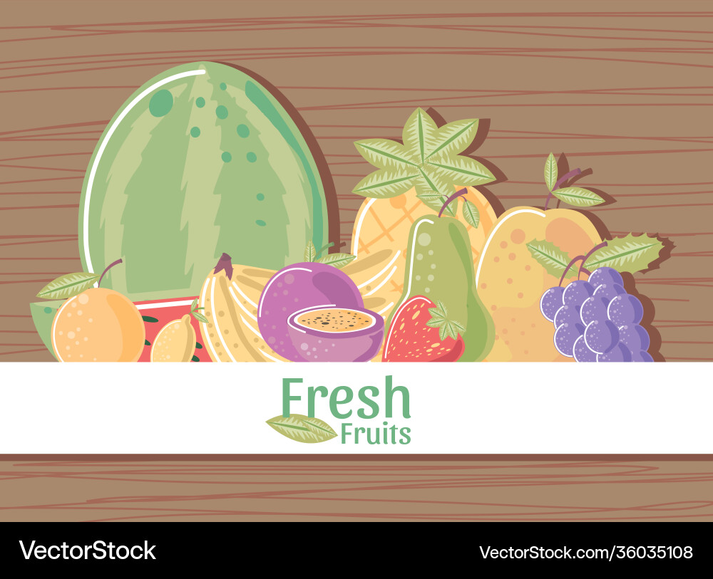 Fresh fruits watermelon pineapple pear apple Vector Image
