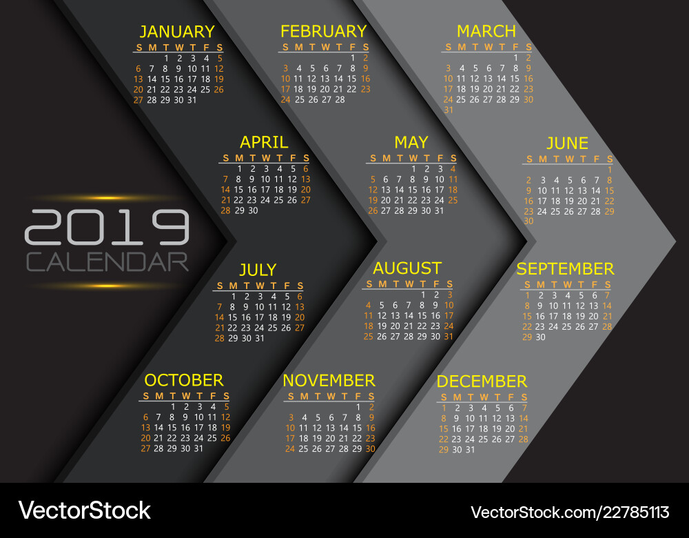 Calendar 2019 yellow white text number on grey Vector Image