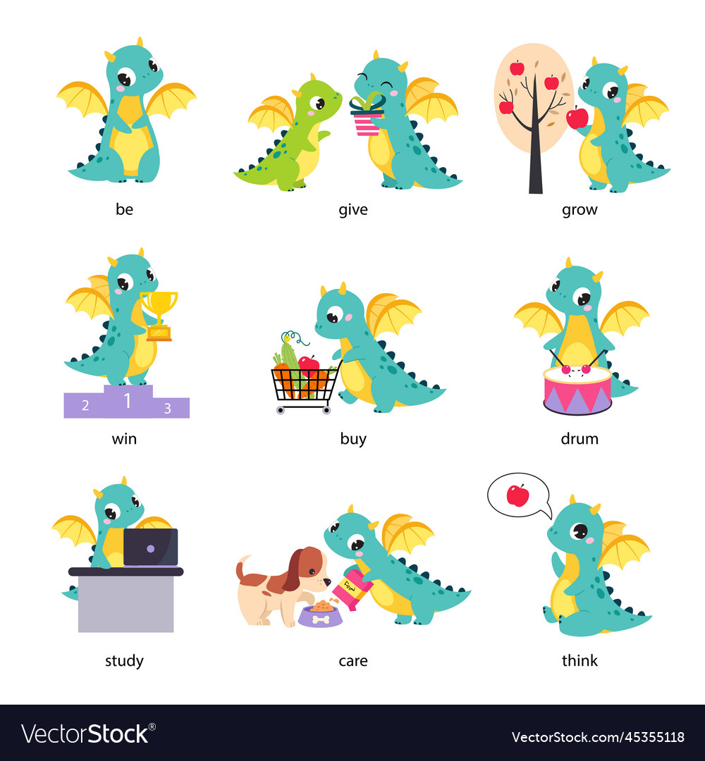 Funny dragon character and english verbs learning Vector Image