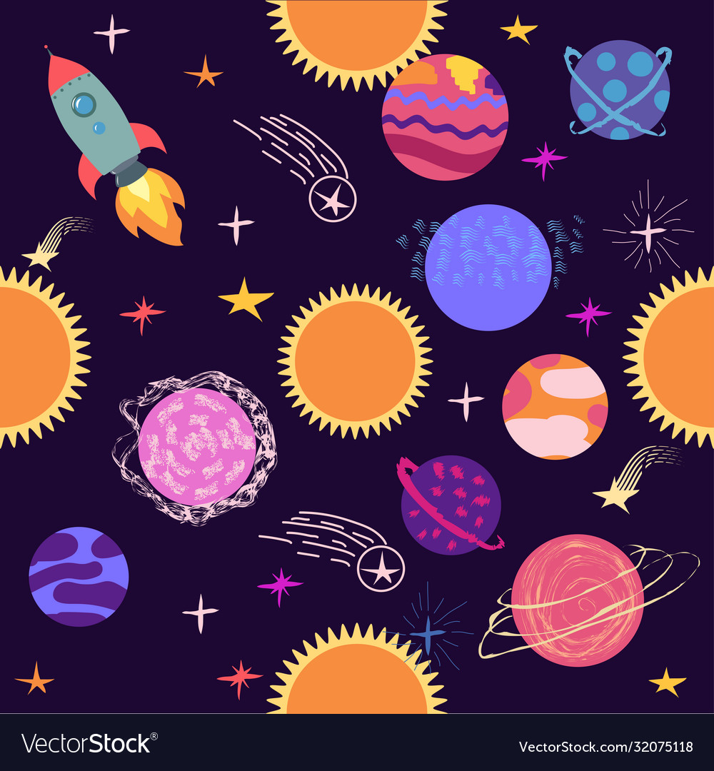 Seamless space pattern planets rockets and stars Vector Image