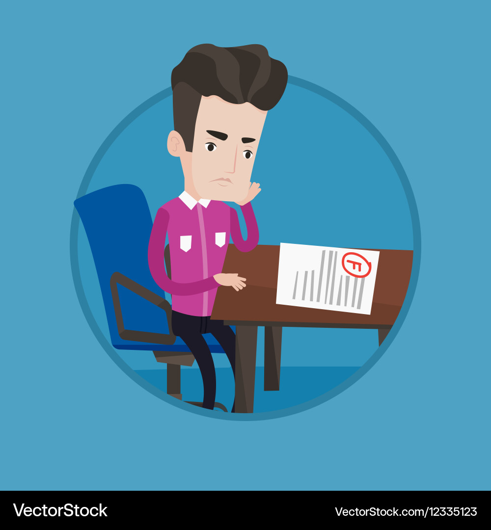 Sad student looking at test paper with bad mark Vector Image